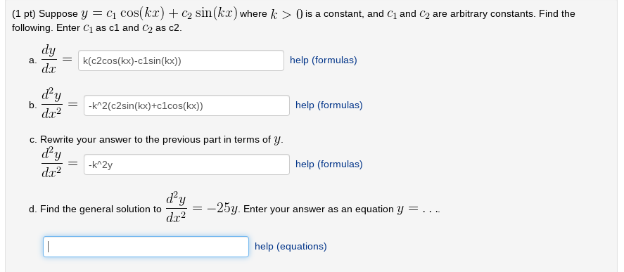 Solved (1 pt) Suppose y = C1 cos(kx) + C2 sin(kx) where k > | Chegg.com