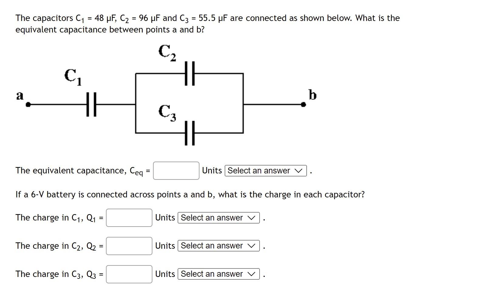 Solved = = The capacitors C1 = 48 pF, C2 = 96 uF and C3 = | Chegg.com