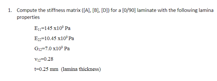 Solved 1. Compute the stiffness matrix ([A], [B], [D]) for a | Chegg.com