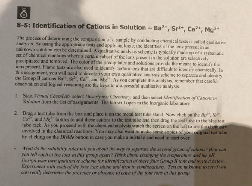 Solved 8-5: Identification of Cations in Solution - Ba2+, | Chegg.com