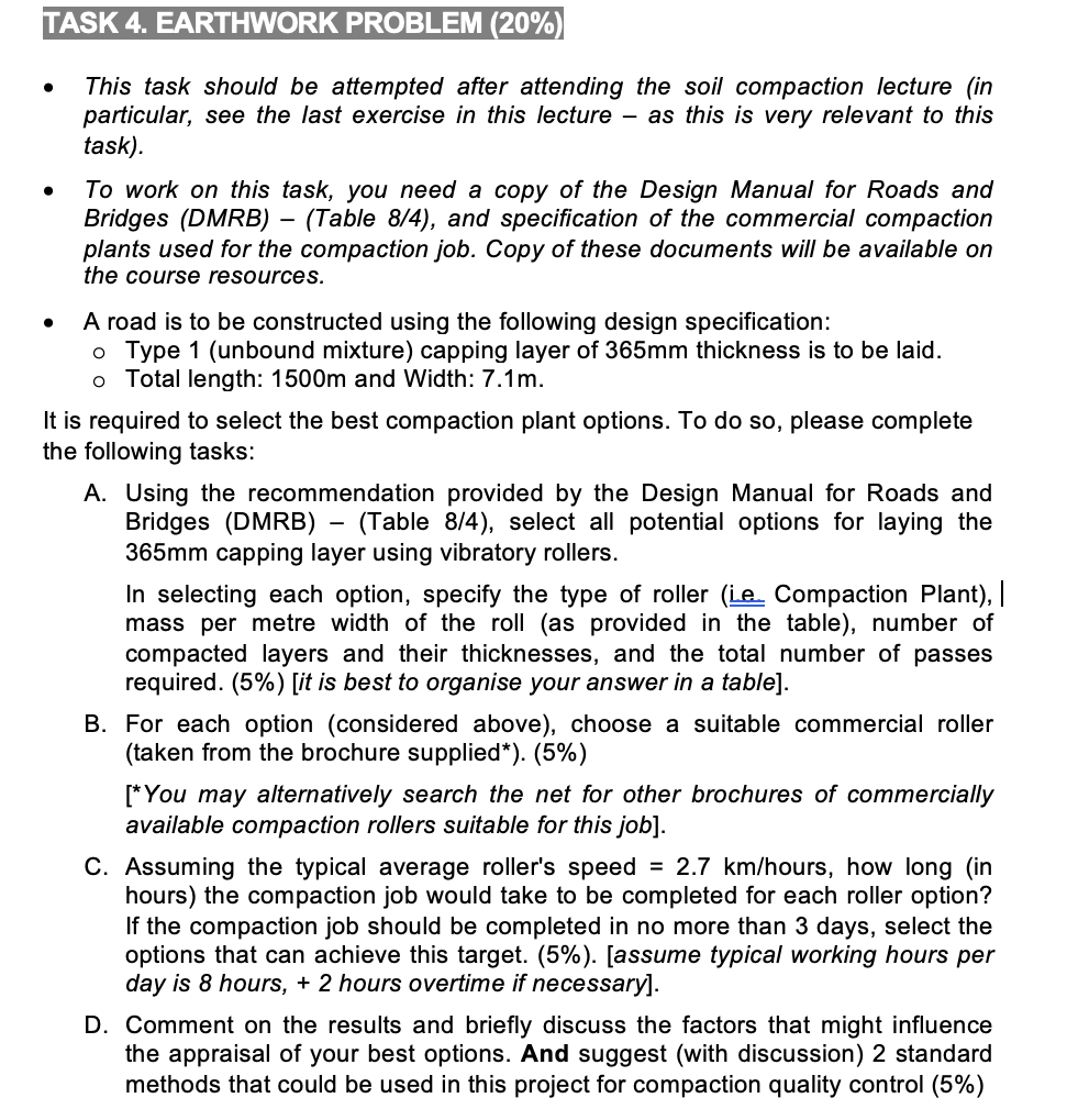 Solved Task 4 earthwork Problem 20this Task Should Be