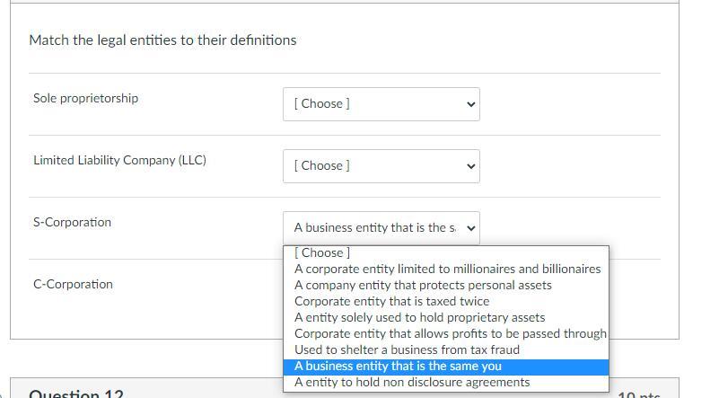 Solved Match the legal entities to their definitions Sole | Chegg.com