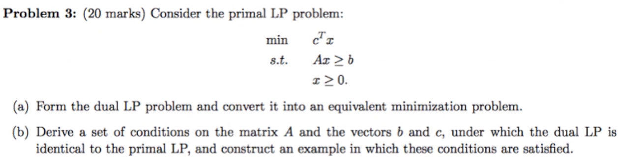 Solved Problem 3: (20 marks) Consider the primal LP problem: | Chegg.com