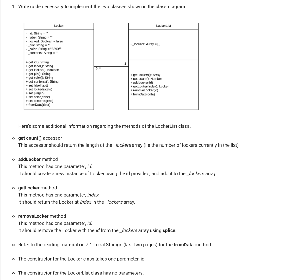 1. Write code necessary to implement the two classes | Chegg.com