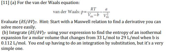 Solved [11] (a) For the van der Waals equation: van der | Chegg.com