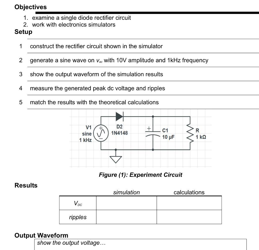 Solved Objectives 1. examine a single diode rectifier | Chegg.com