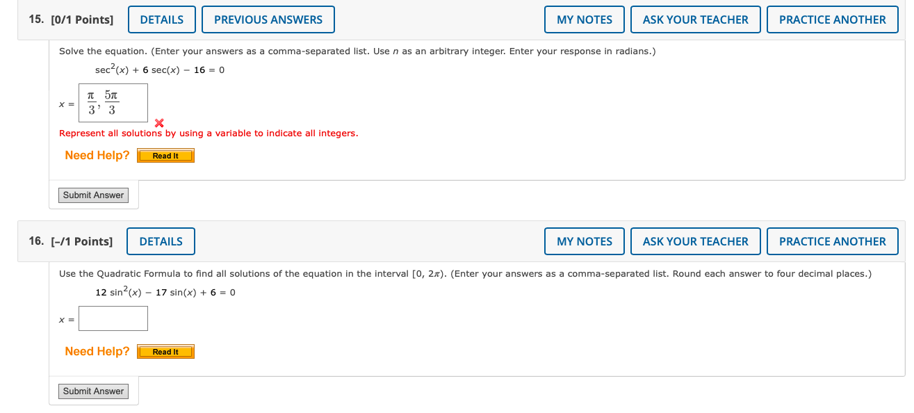 sec2(x)+6sec(x)−16=0x= Represent all solutions by | Chegg.com