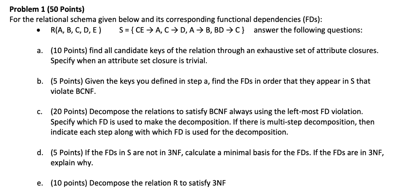Solved Problem 1 (50 Points) For the relational schema given | Chegg.com