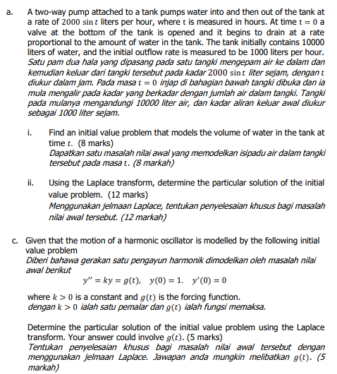 Solved a. A two-way pump attached to a tank pumps water into | Chegg.com