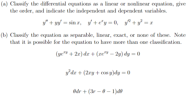 Solved a) Classify the differential equations as a linear or | Chegg.com