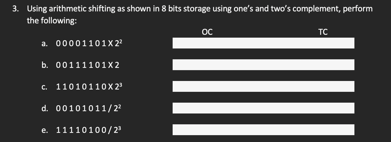 Solved 3. Using arithmetic shifting as shown in 8 bits | Chegg.com