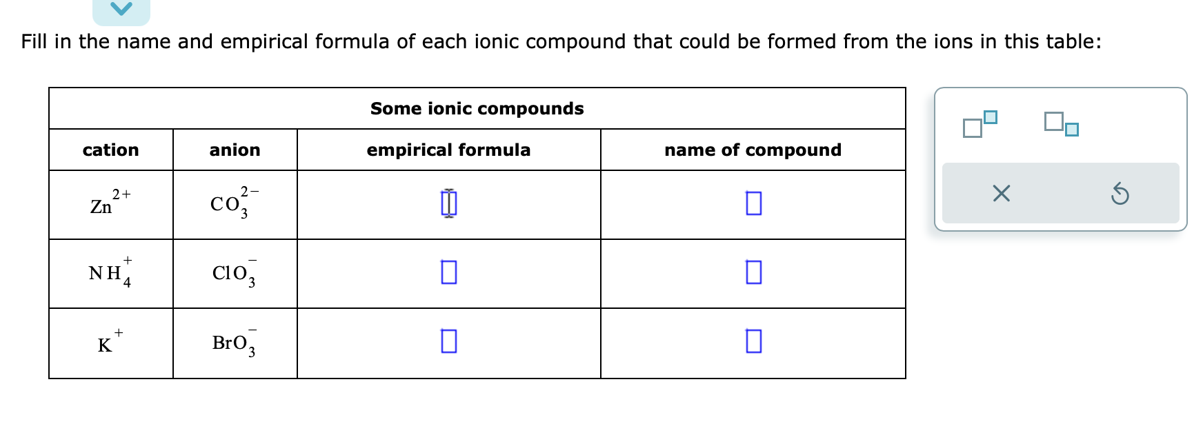 Solved Fill in the name and empirical formula of each ionic | Chegg.com