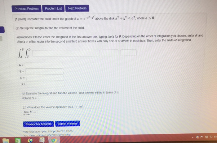 Solved Spring2018 15 Multiple Integrals: Problem 36 Previous | Chegg.com