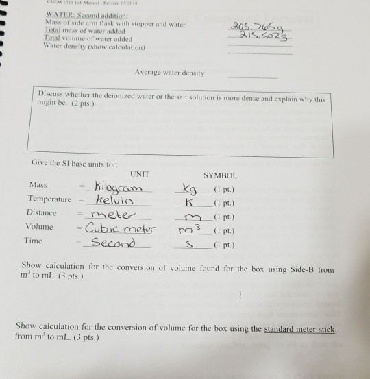 WATER Second addition Mass of side arm flask with | Chegg.com