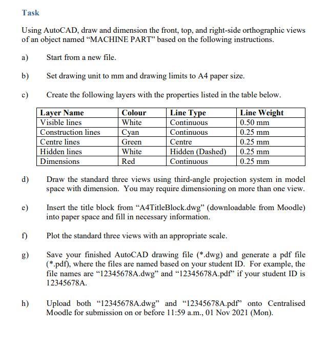 Solved Task Using AutoCAD, draw and dimension the front, | Chegg.com