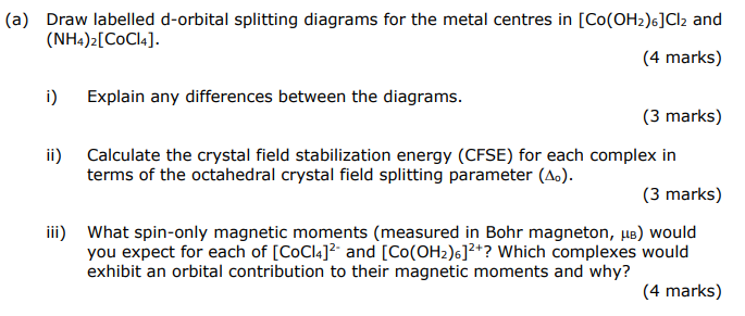 Solved (a) Draw labelled d-orbital splitting diagrams for | Chegg.com
