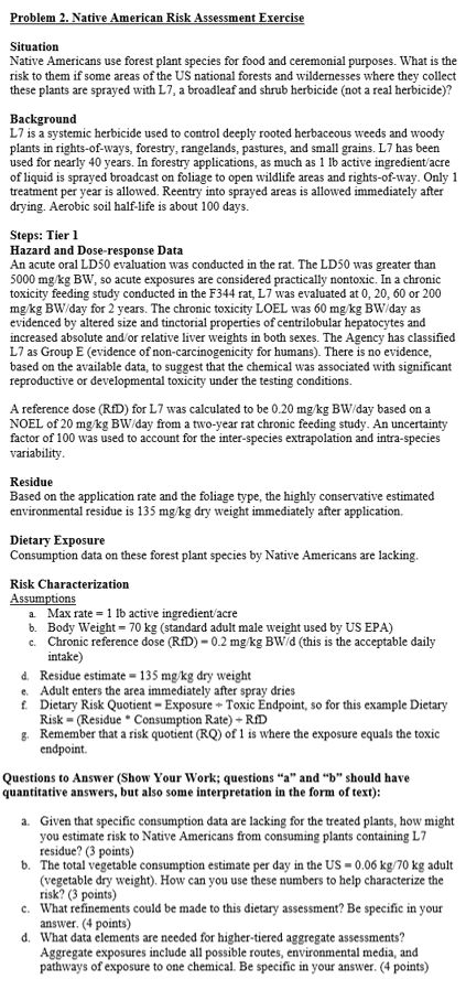 Problem 2. Native American Risk Assessment Exercise | Chegg.com