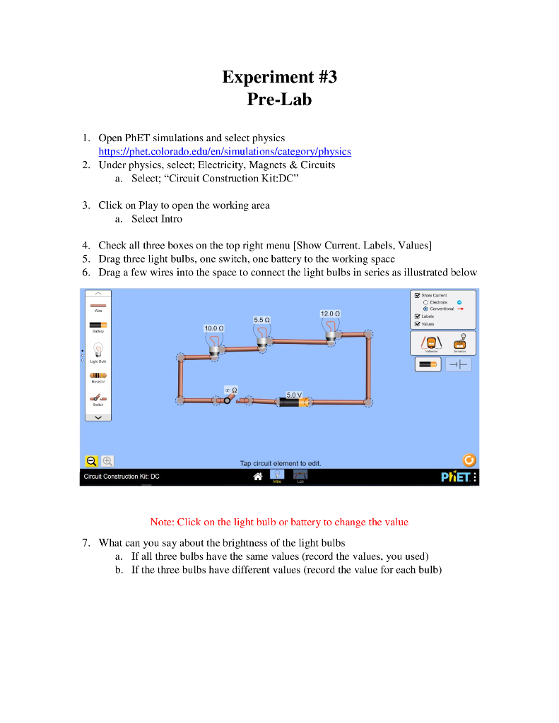 Solved Experiment #3 Pre-Lab 1. Open PhET simulations and | Chegg.com