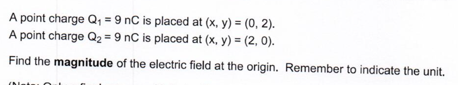 Solved A point charge Q1=9nC is placed at (x,y)=(0,2). A | Chegg.com