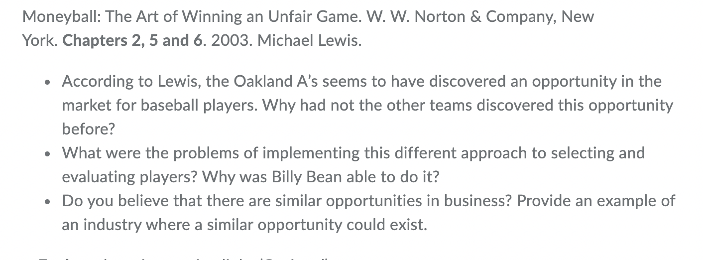 Solved Moneyball: The Art of Winning an Unfair Game. W. W. | Chegg.com