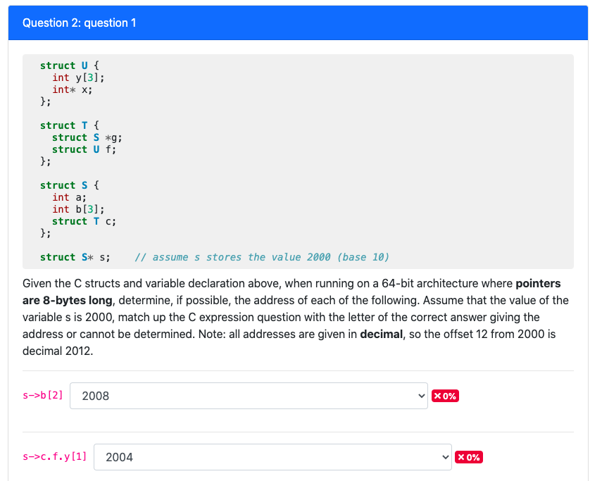 Solved Question 2: question 1 struct U{ int y[3]; int* x; }; | Chegg.com