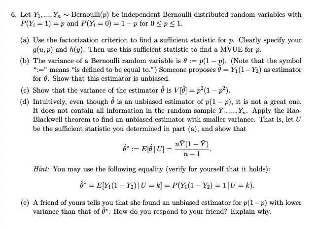 6. Let Y1,..., Yn ~ Bernoulli(p) be independent | Chegg.com