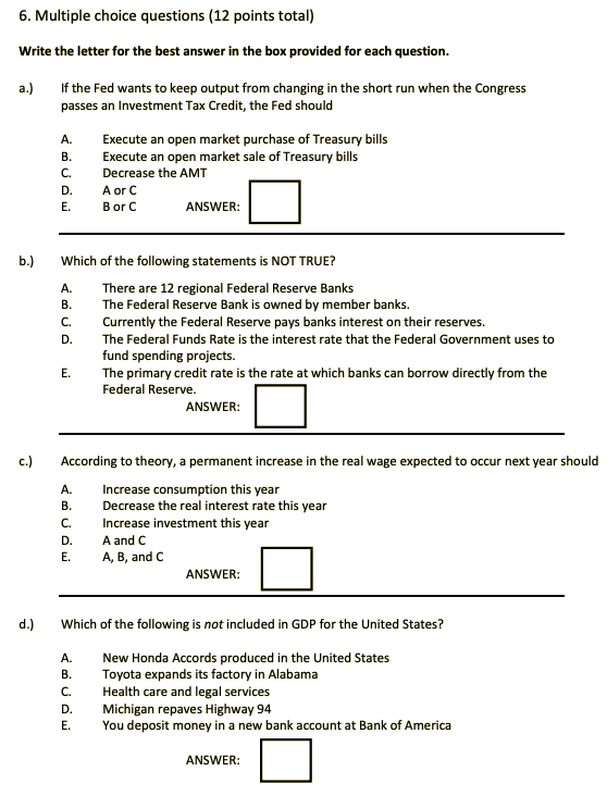 Solved 6. Multiple choice questions (12 points total) Write | Chegg.com