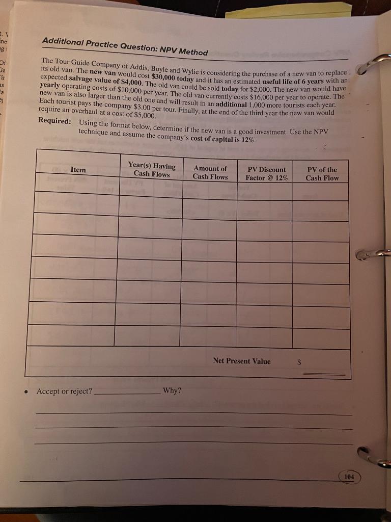 Solved Additional Practice Question: NPV Method Ene g Sa is | Chegg.com