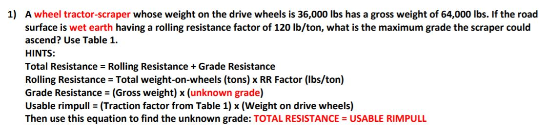 Solved 1) A wheel tractor-scraper whose weight on the drive | Chegg.com
