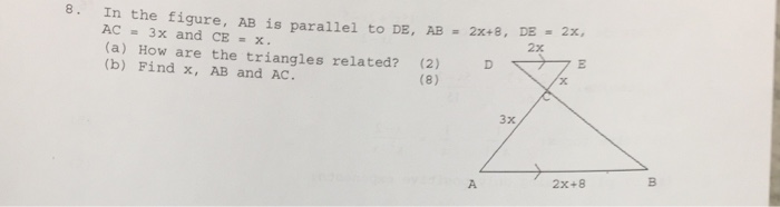 Solved In the figure, AB is parallel to DE, AB = 2x + 8, DE | Chegg.com
