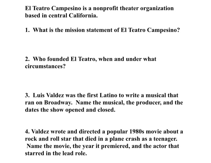 Solved El Teatro Campesino is a nonprofit theater | Chegg.com