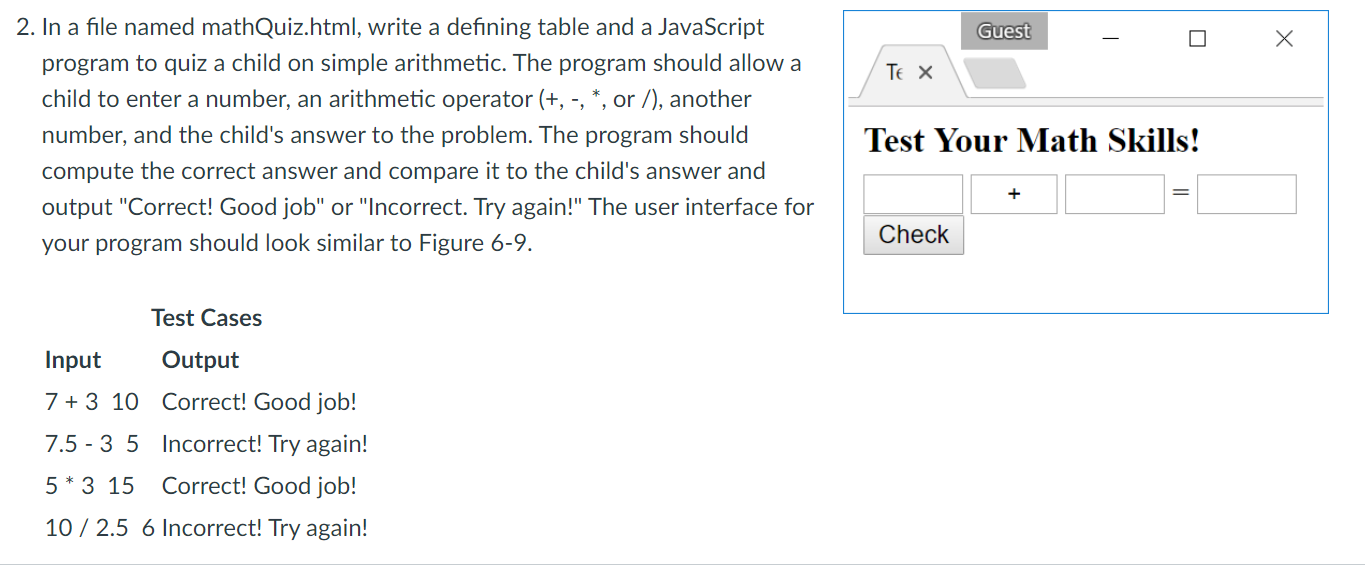 Solved Guest Х Te x 2. In a file named mathQuiz.html, write | Chegg.com