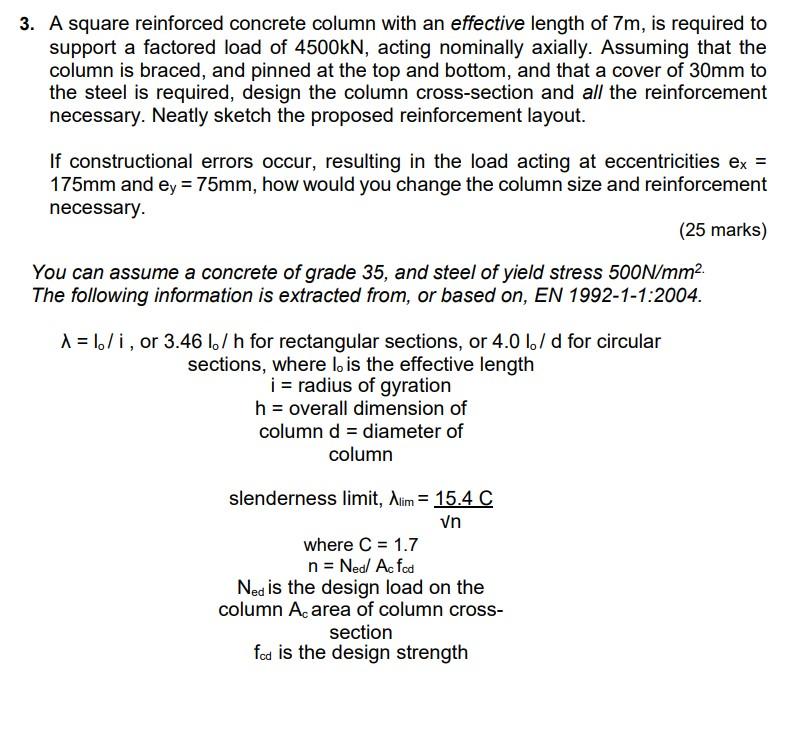 Solved 3. A square reinforced concrete column with an | Chegg.com
