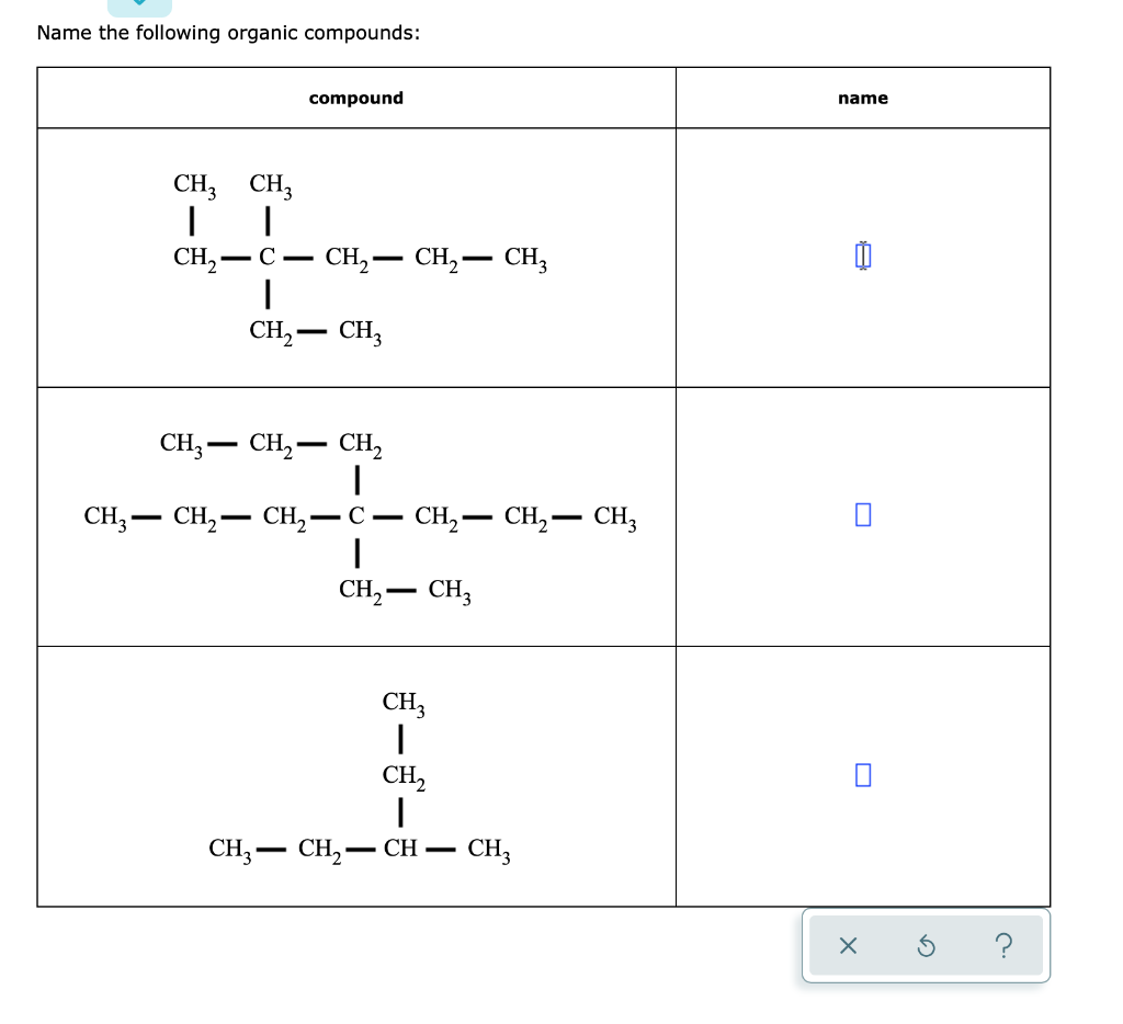 Solved Name the following organic compounds: compound name | Chegg.com