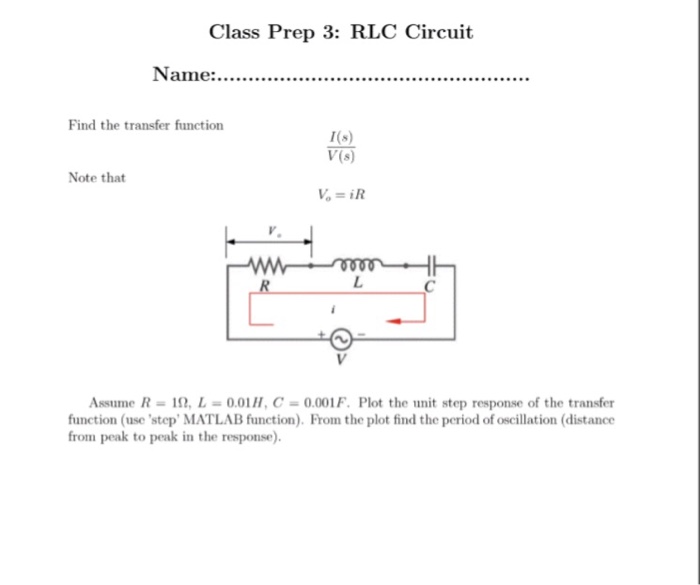 Solved Class Prep 3: RLC Circuit Find the transfer function | Chegg.com