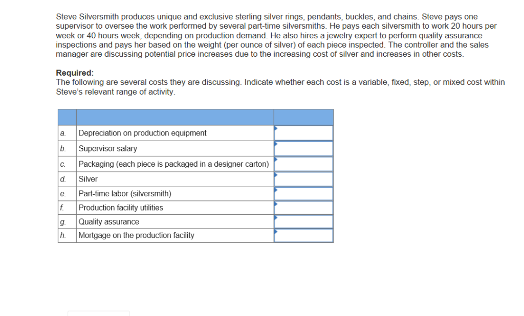 Solved Steve Silversmith produces unique and exclusive | Chegg.com