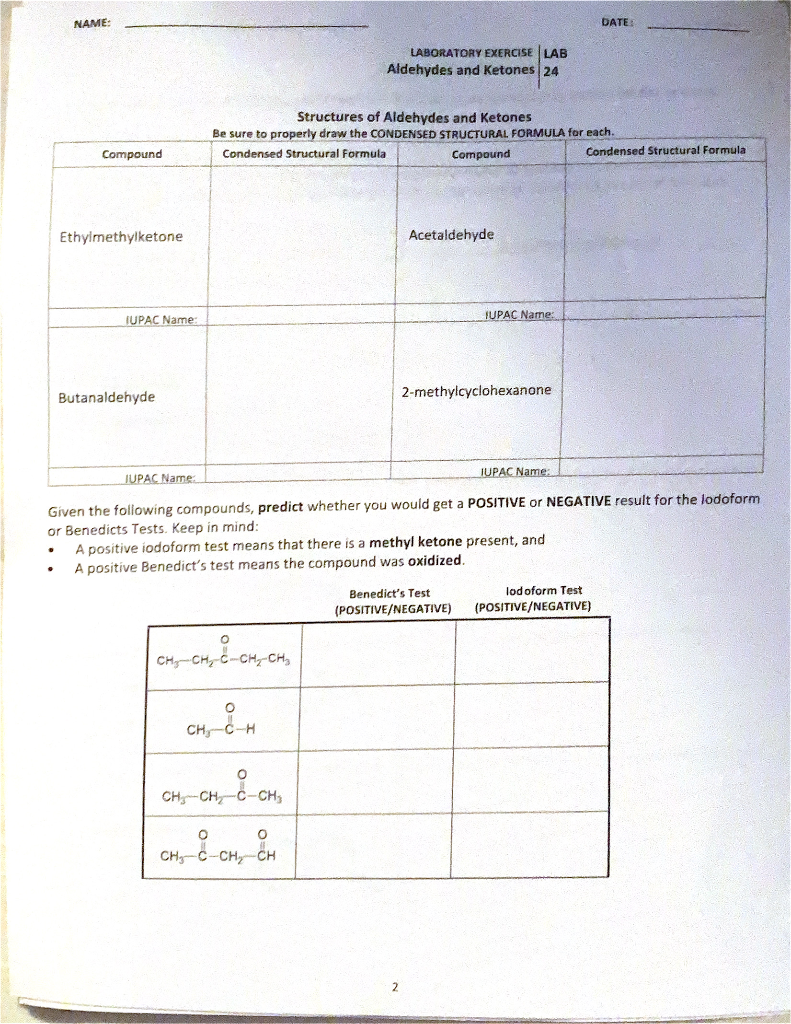Solved DATE NAME LABORATORY EXERCISE LAB Aldehydes and | Chegg.com
