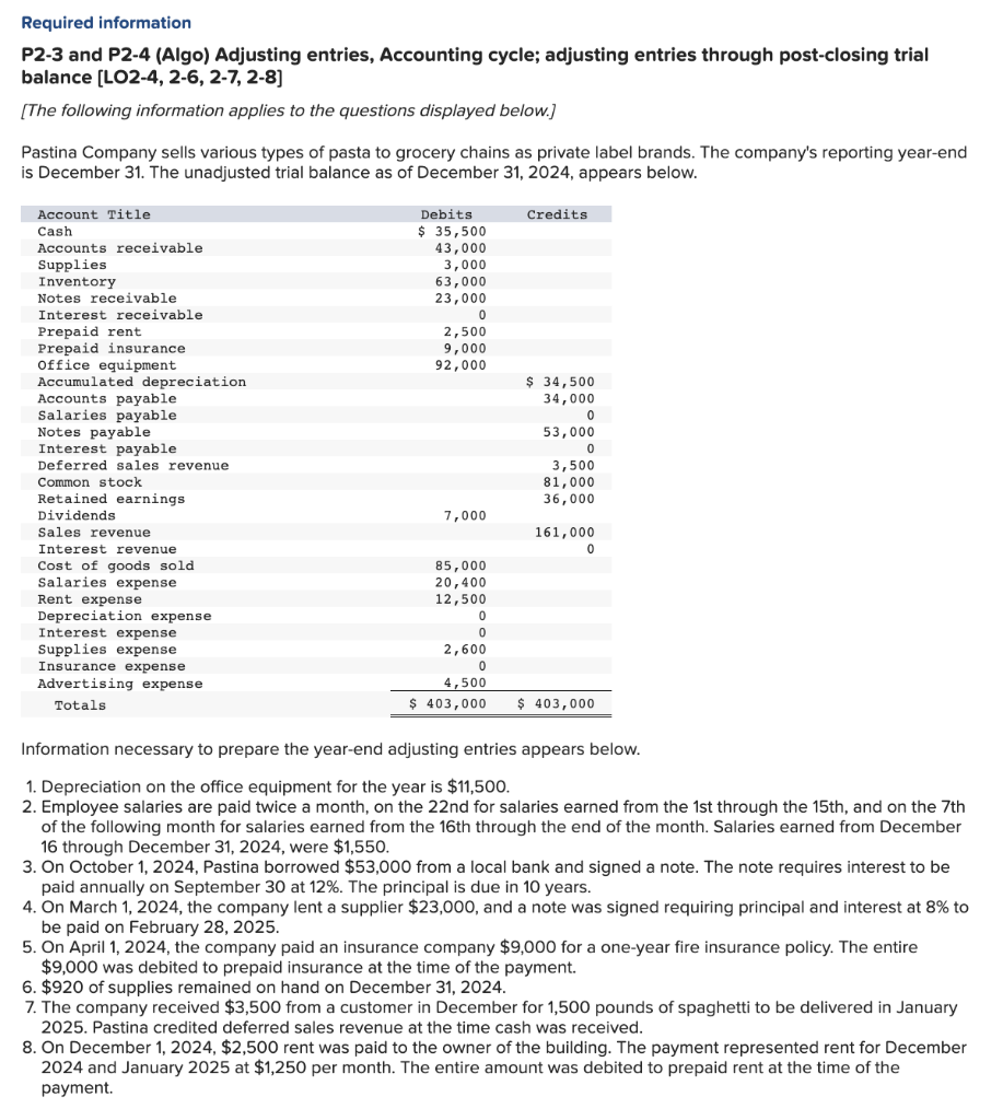 Solved Required information P2-3 and P2-4 (Algo) Adjusting | Chegg.com