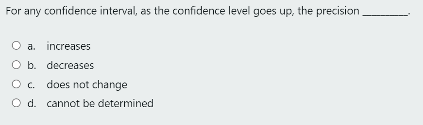 Solved For any confidence interval, as the confidence level | Chegg.com