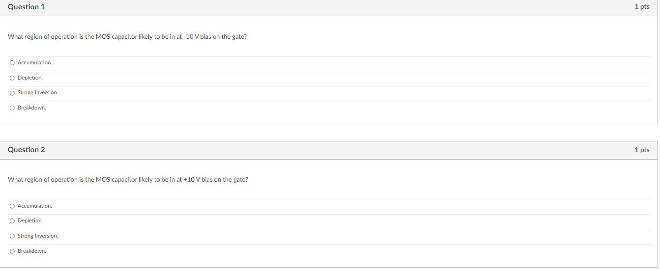 Solved Question 1 1 pts What region of operation is the MOS | Chegg.com