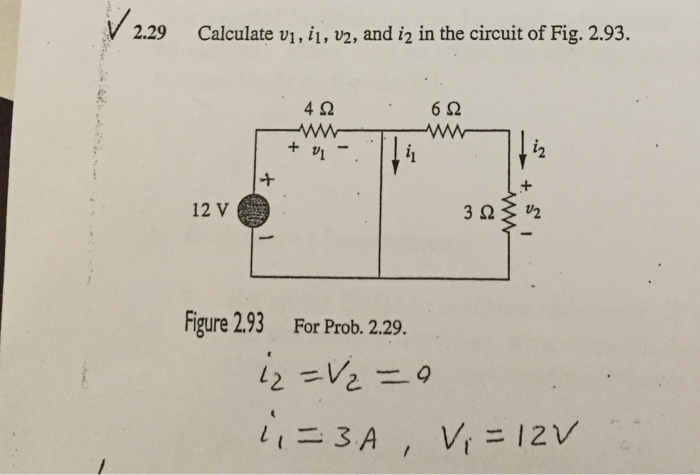 Solved 2.29 Calculate vi,i1, v2, and i2 in the circuit of | Chegg.com