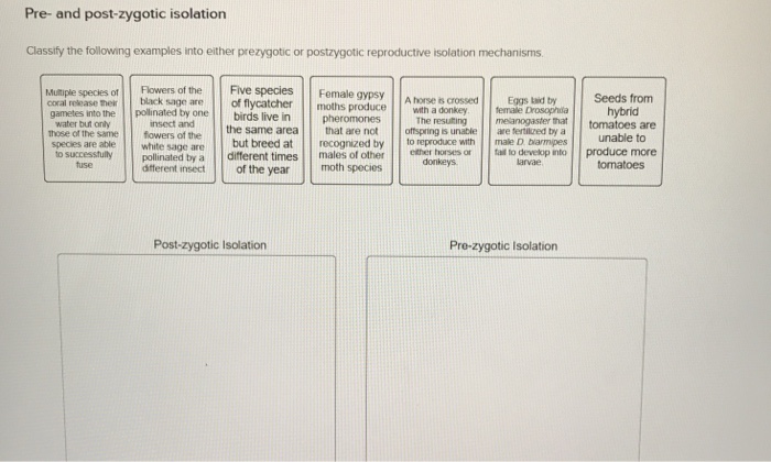 Solved Pre- and post-zygotic isolation Classify the | Chegg.com