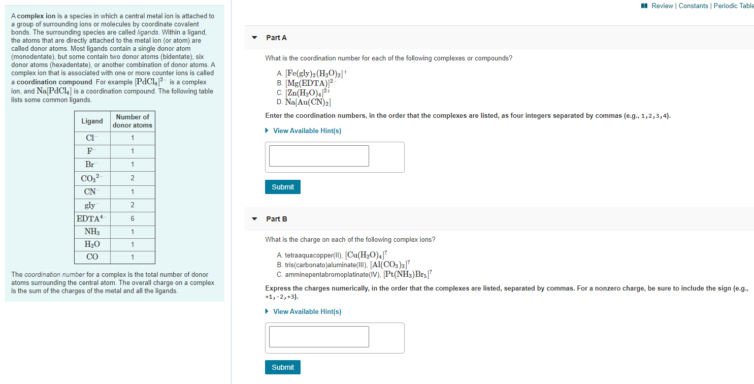 Solved MI Review Constants Periodic Table Part A A complex | Chegg.com