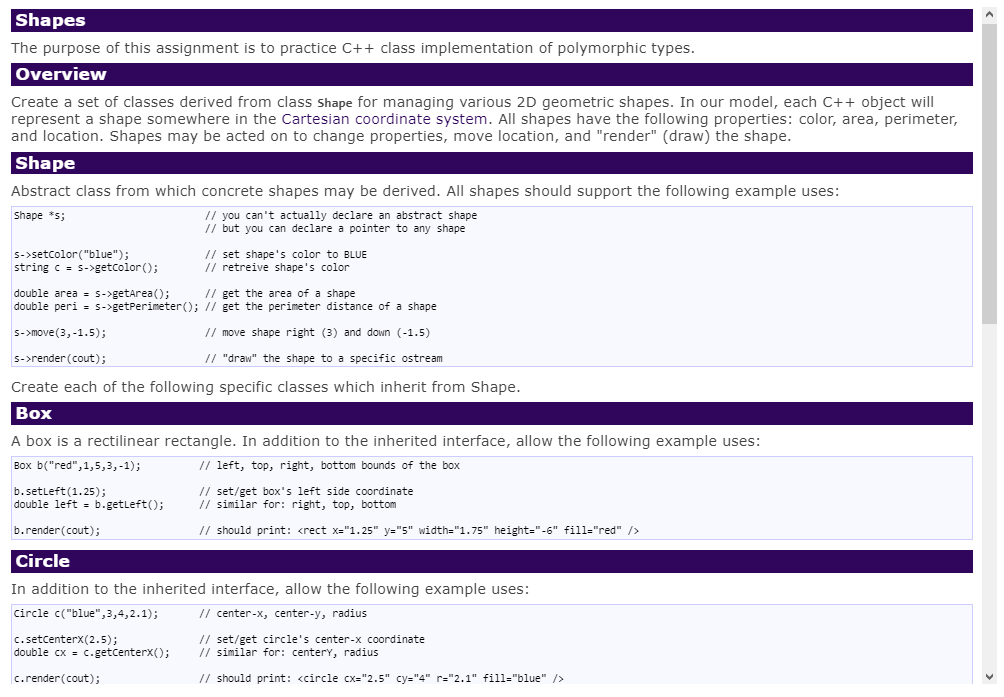Solved Shapes The purpose of this assignment is to practice | Chegg.com