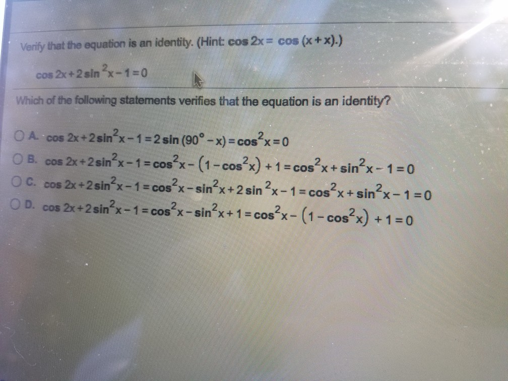 Solved Verity that the equation is an identity. (Hint cos | Chegg.com