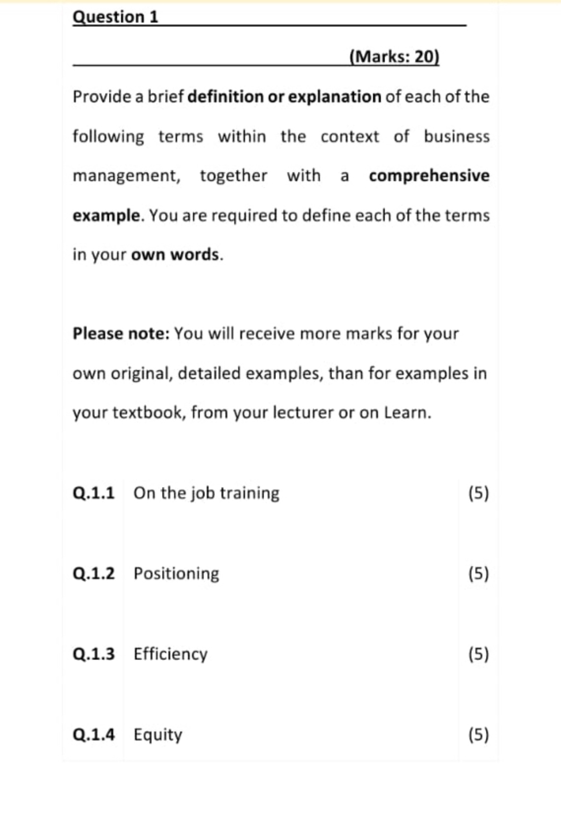 Solved Question 1(Marks: 20)Provide a brief definition or | Chegg.com
