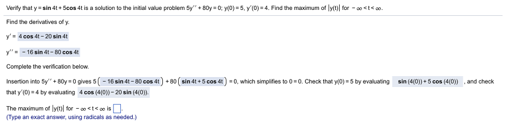 Solved Verify that y sin 4t+ 5cos 4t is a solution to the | Chegg.com