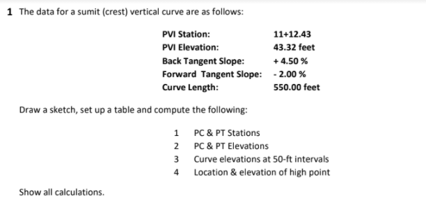 Solved 1 The data for a sumit (crest) vertical curve are as | Chegg.com