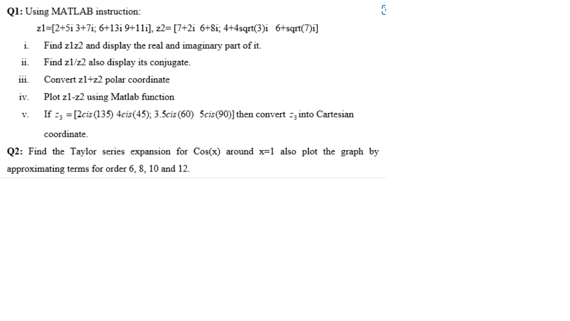 Solved Q1: Using MATLAB instruction: | Chegg.com