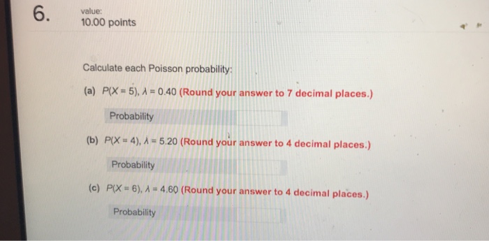 Solved value: 10.00 points Calculate each Poisson | Chegg.com